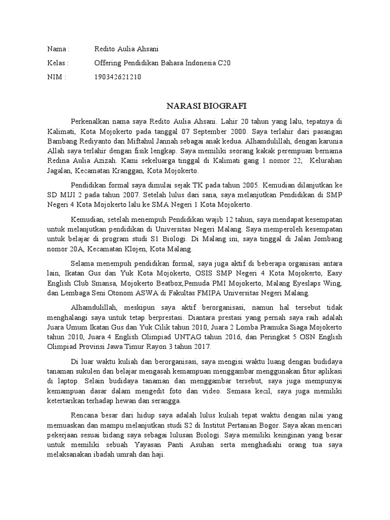 Redito Aulia Ahsani - 190342621210 - Tugas Narasi Biografi | PDF