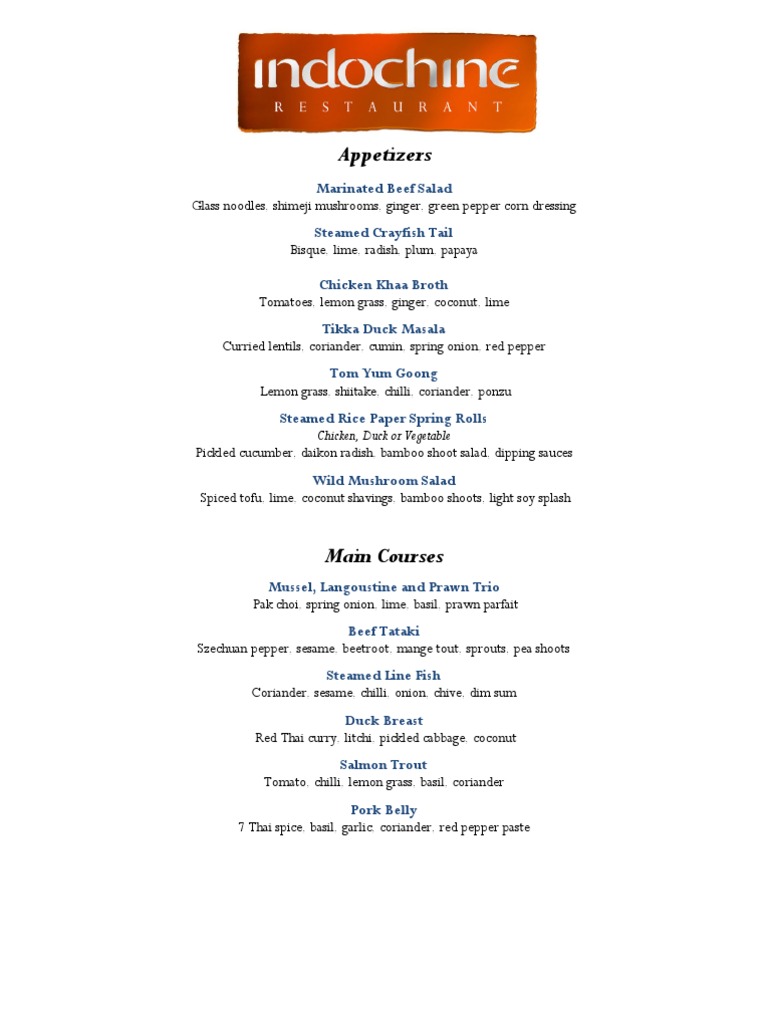 Indochine Restaurant Menu Overview | PDF | Thai Cuisine | Pickling