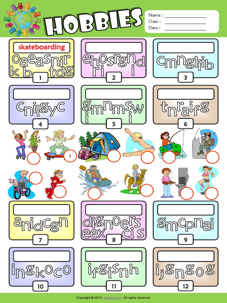 Hobbies Esl Vocabulary Unscramble The Words Worksheet For Kids | PDF