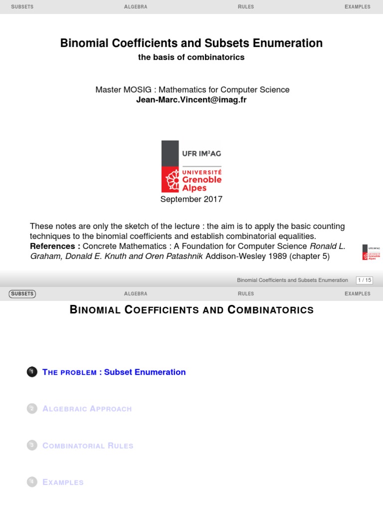 Binomial Coefficients and Subsets Enumeration: The Basis of Combinatorics | PDF | Combinatorics ...