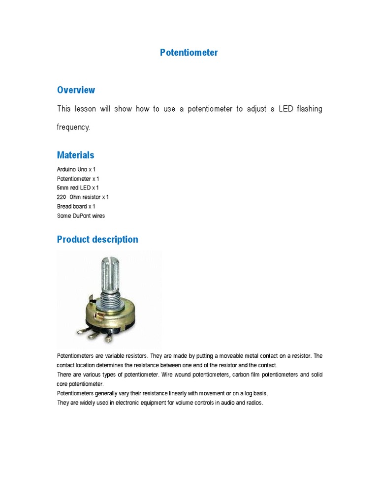 Potentiometer: This Lesson Will Show How To Use A Potentiometer To ...