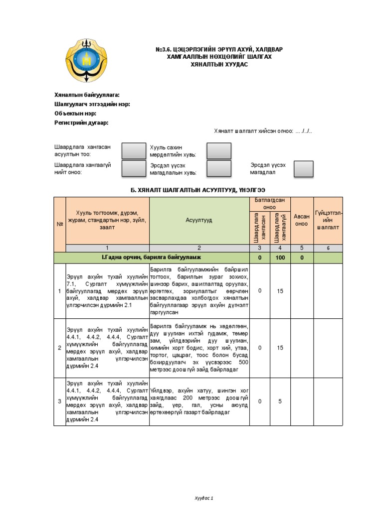 101 3 6 ЦЭЦЭРЛЭГИЙН ЭРҮҮЛ АХУЙ ХАЛДВАР ХАМГААЛЛЫН НӨХЦӨЛИЙГ ШАЛГАХ ХЯНАЛТЫН ХУУДАС 2020 Pdf Pdf