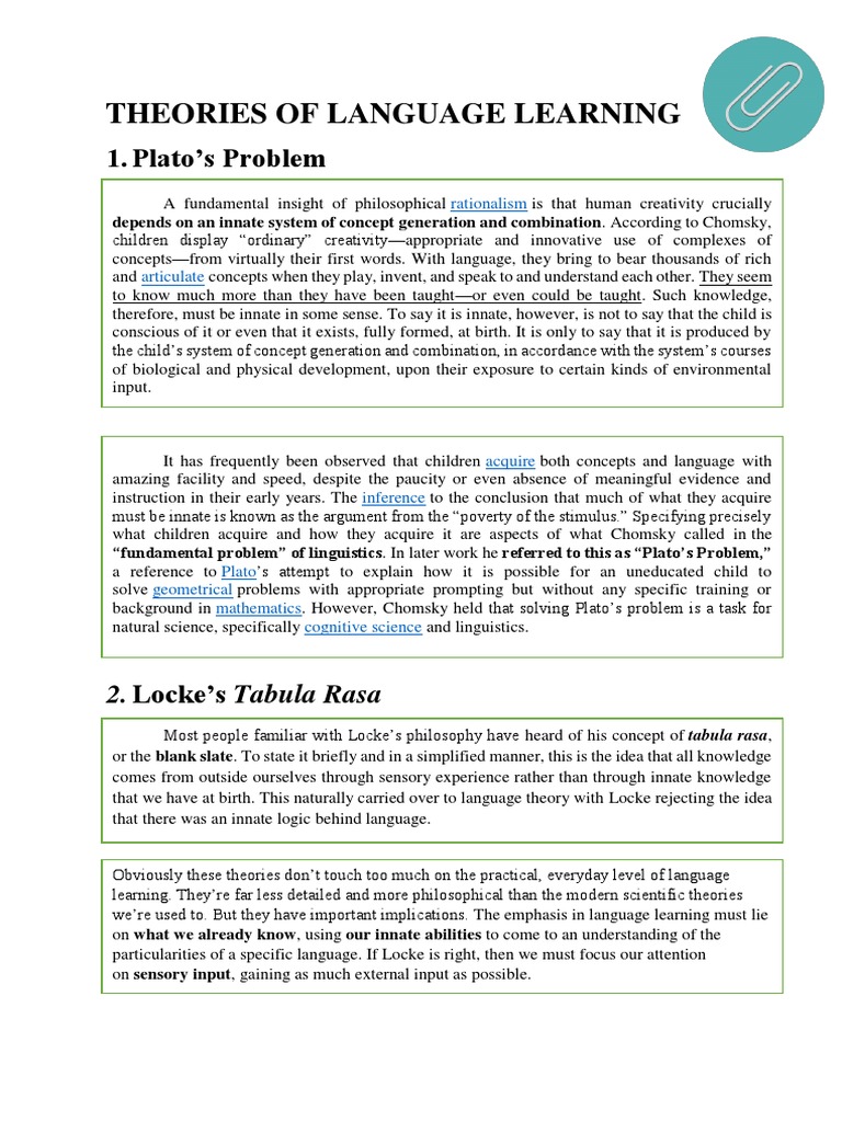 Theories of Language Learning: 1. Plato's Problem | PDF ...