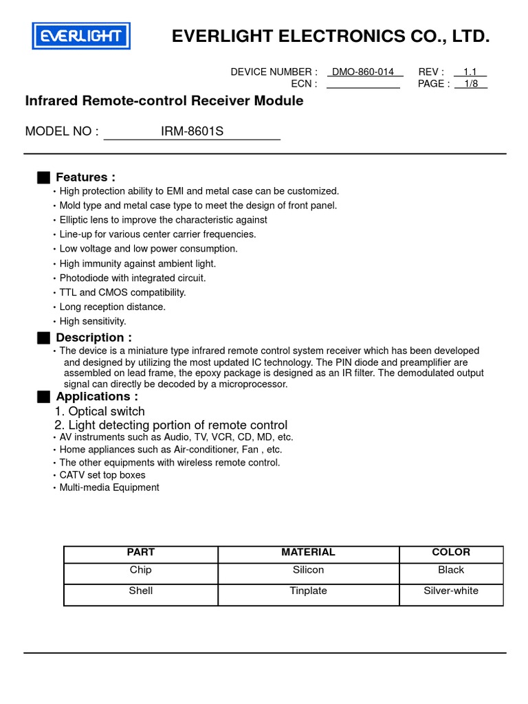 IRM-8601 Receptor Infrarrojo Datasheet PDF | PDF | Remote Control ...
