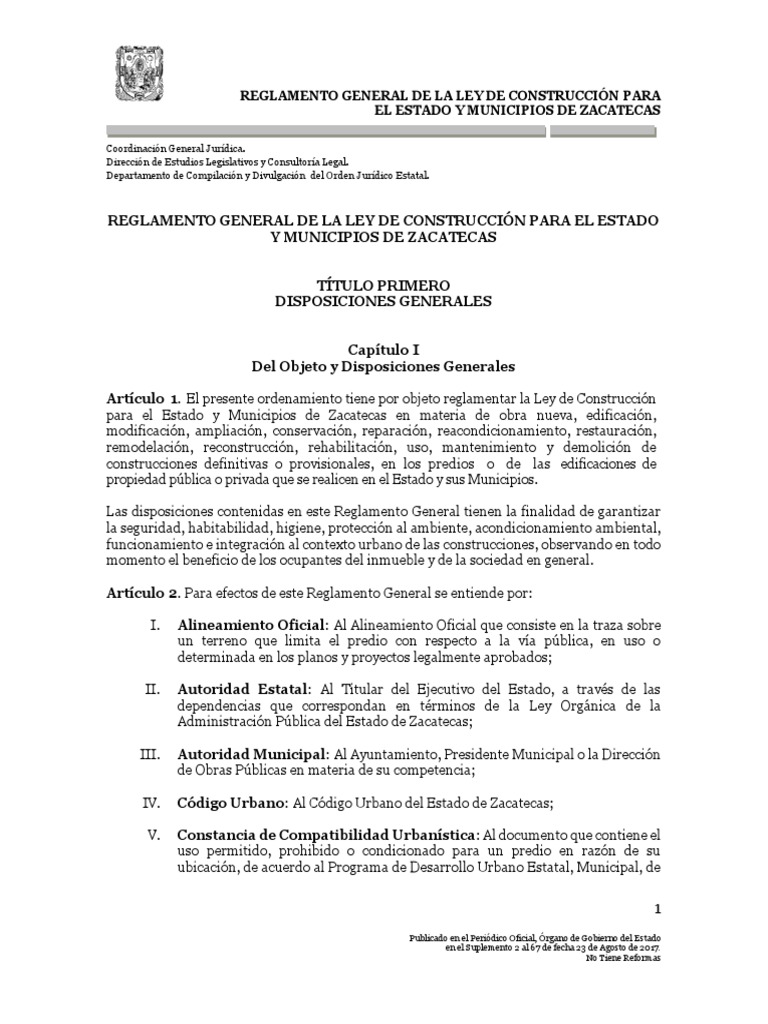 Reglamento General de La Ley de Construcción para El Estado y Municipios de Zacatecas PDF | PDF ...