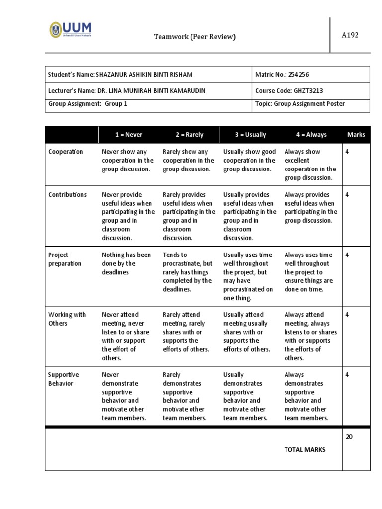 Teamwork Rubric (Group 1) | PDF | Procrastination | Professional Skills