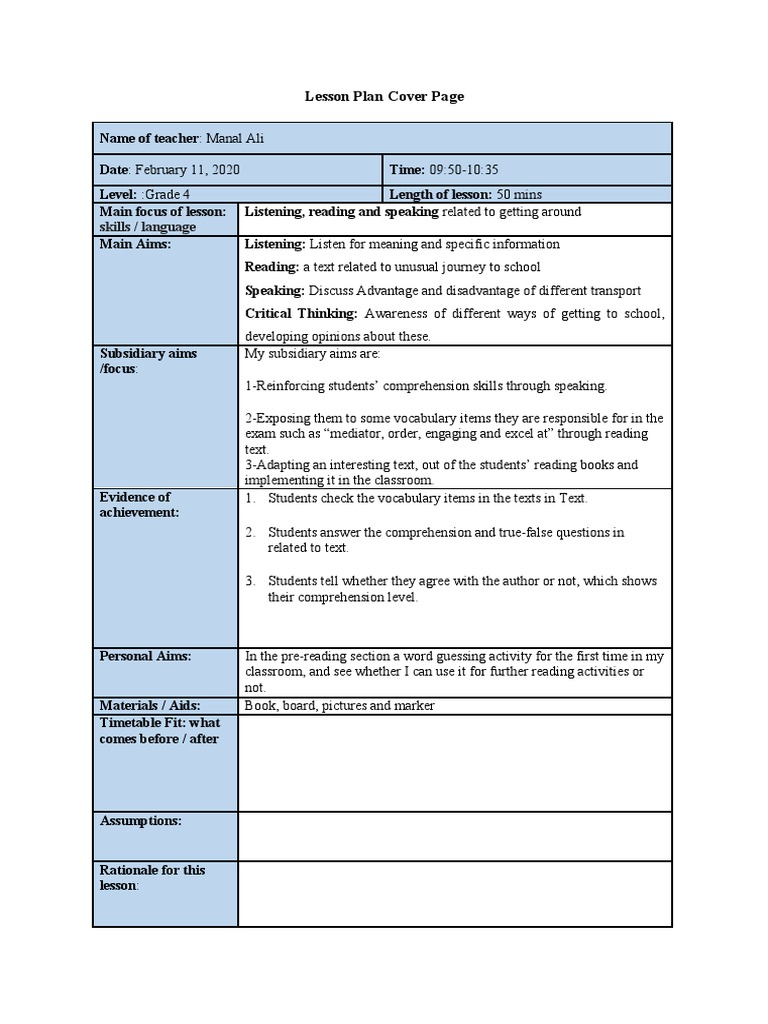 Lesson Plan Cover Page: Skills / Language | PDF