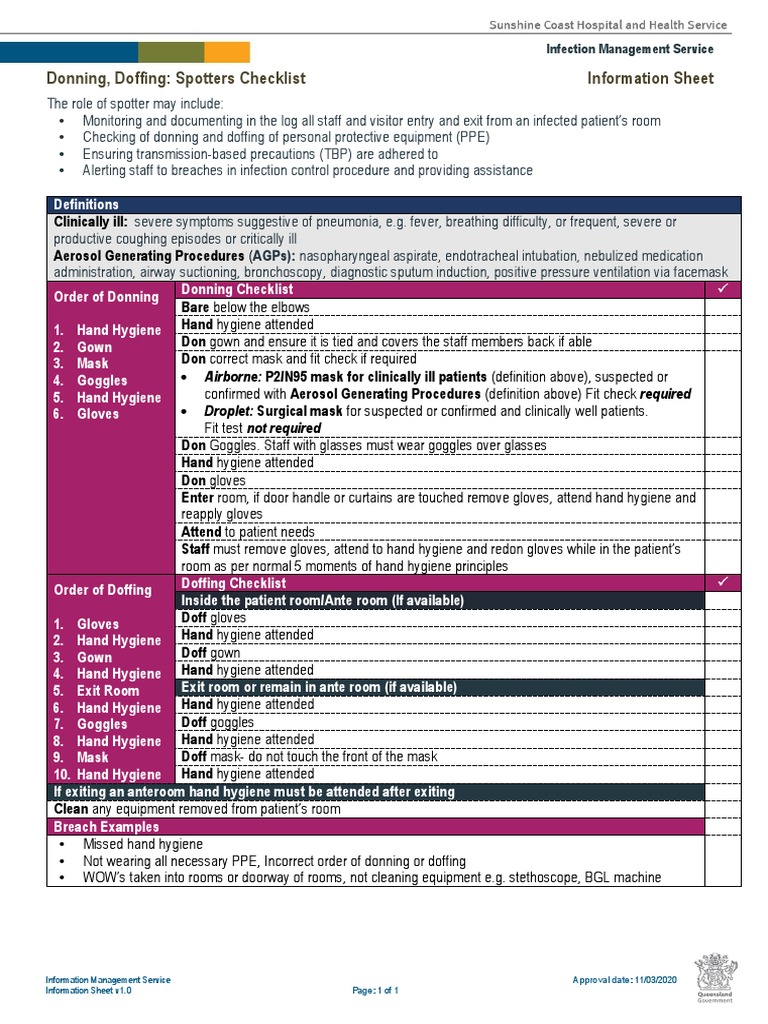 Donning Doffing Spotter Check List v1 | PDF | Hygiene | Hand Washing