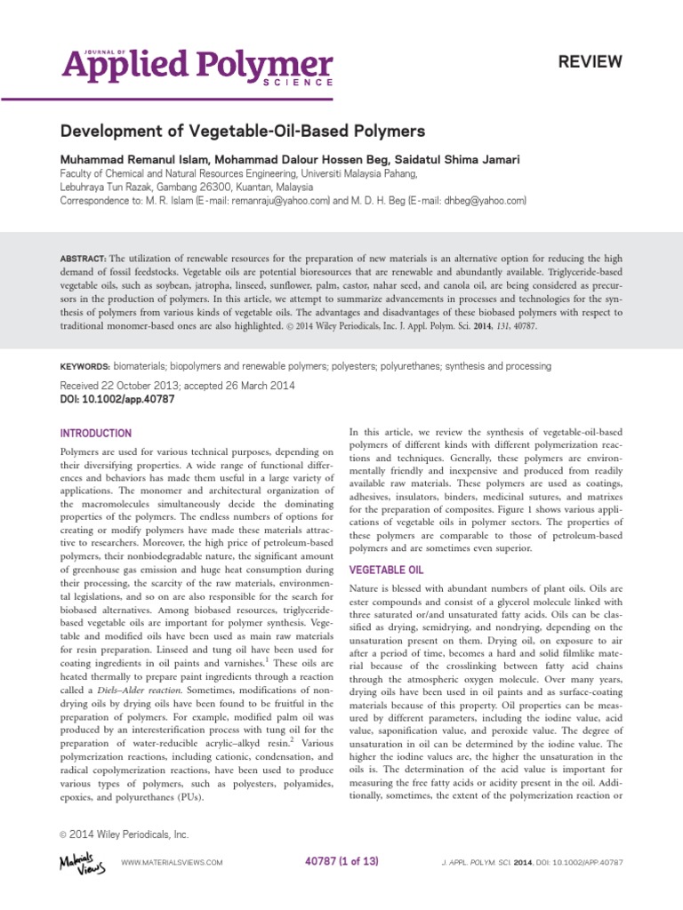 Development of Vegetable-Oil-Based Polymers | PDF | Vegetable Oil ...