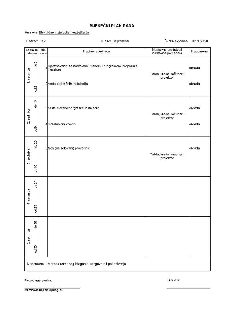 Mjesečni Plan Rada: Predmet | PDF