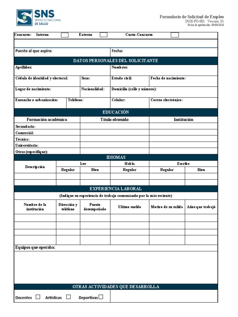 Modelo De Formulario De Solicitud De Empleo