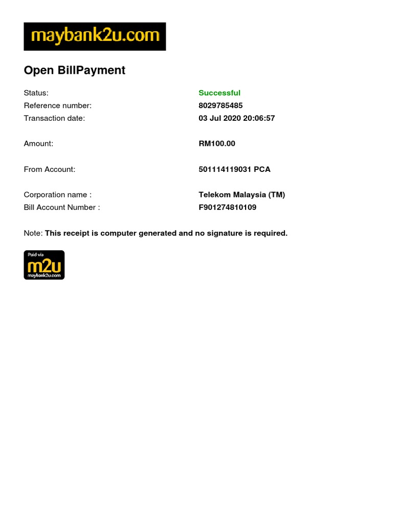Receipt for Successful Payment of RM100 to Telekom Malaysia Bill ...