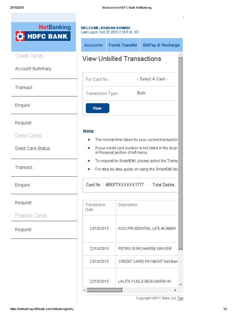 Welcome To HDFC Bank NetBanking | PDF | Debit Card | Financial Transaction