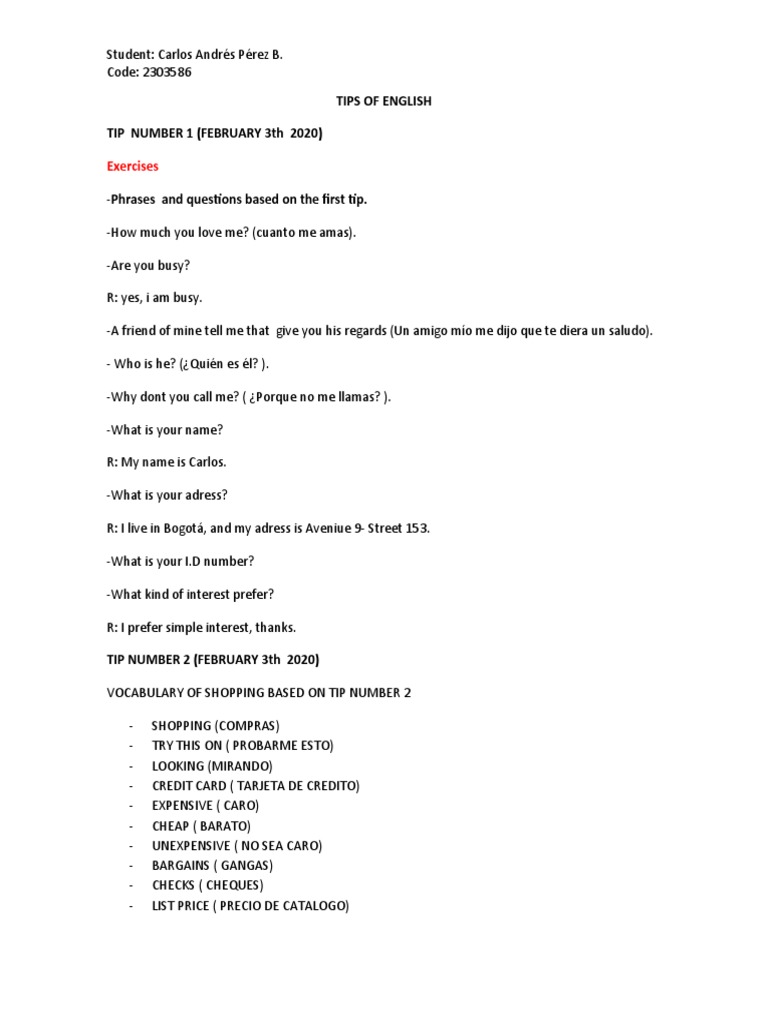 Exercises: Tips of English Tip Number 1 (February 3Th 2020) | PDF ...