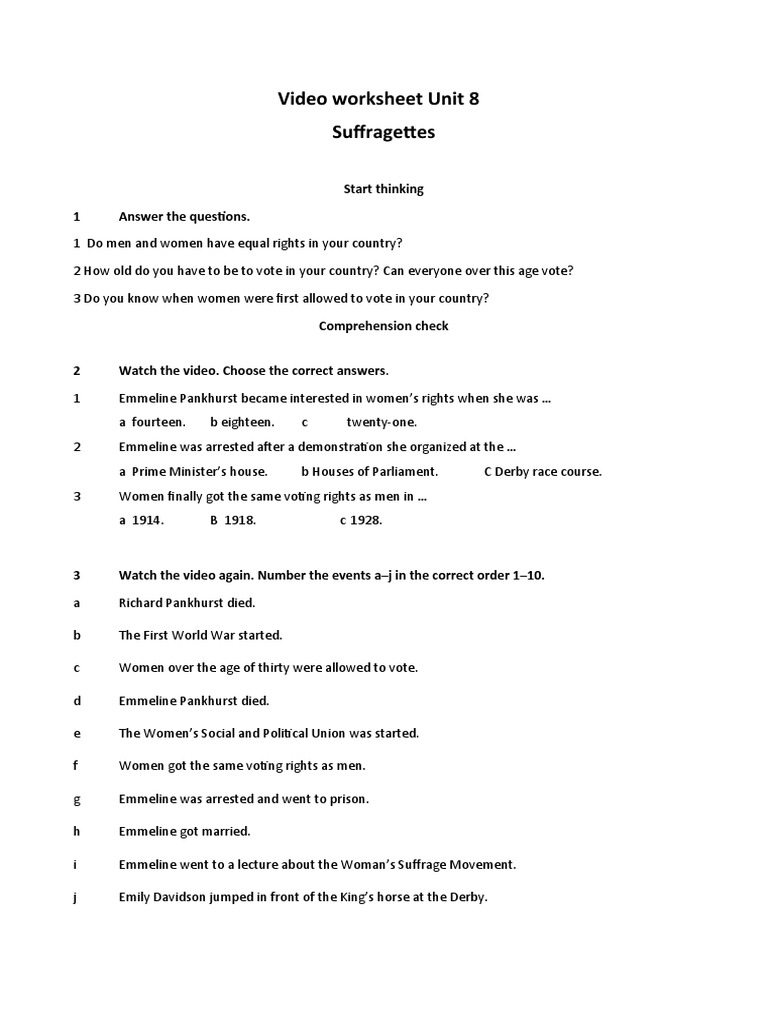 Video Worksheet Unit 8 | PDF | Emmeline Pankhurst | Suffragette