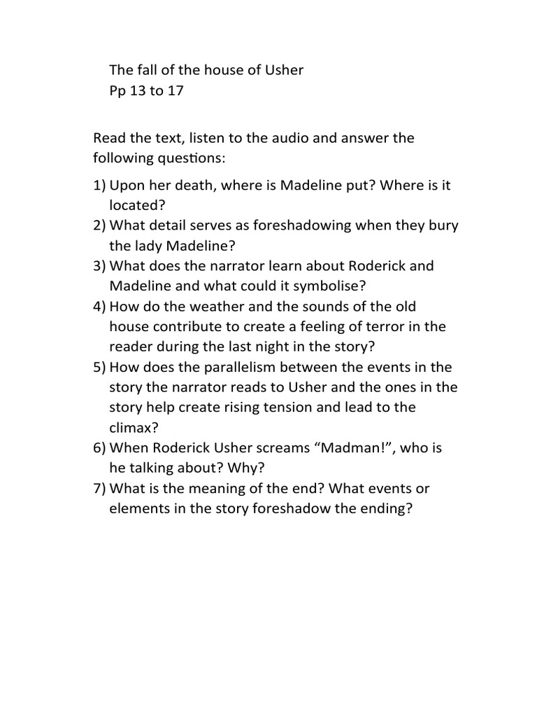 The Fall of The House of Usher Questions | PDF