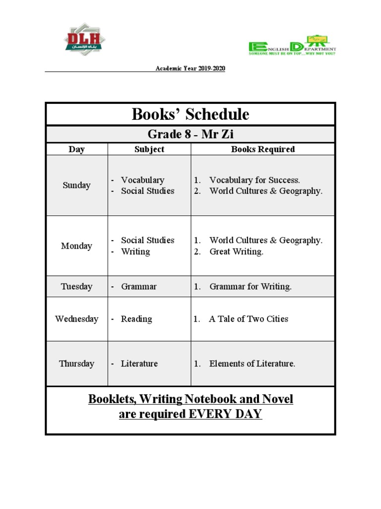 Books' Schedule: Grade 8 - MR Zi | PDF | Language Arts & Discipline