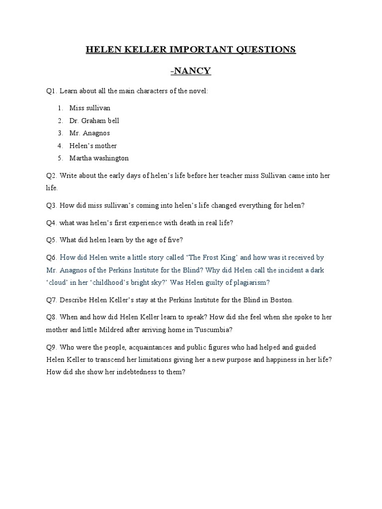 Helen Keller Important Questions | PDF