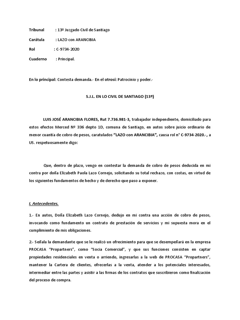 Contestación Luis Arancibia 2020 | PDF | Derecho civil (sistema legal ...