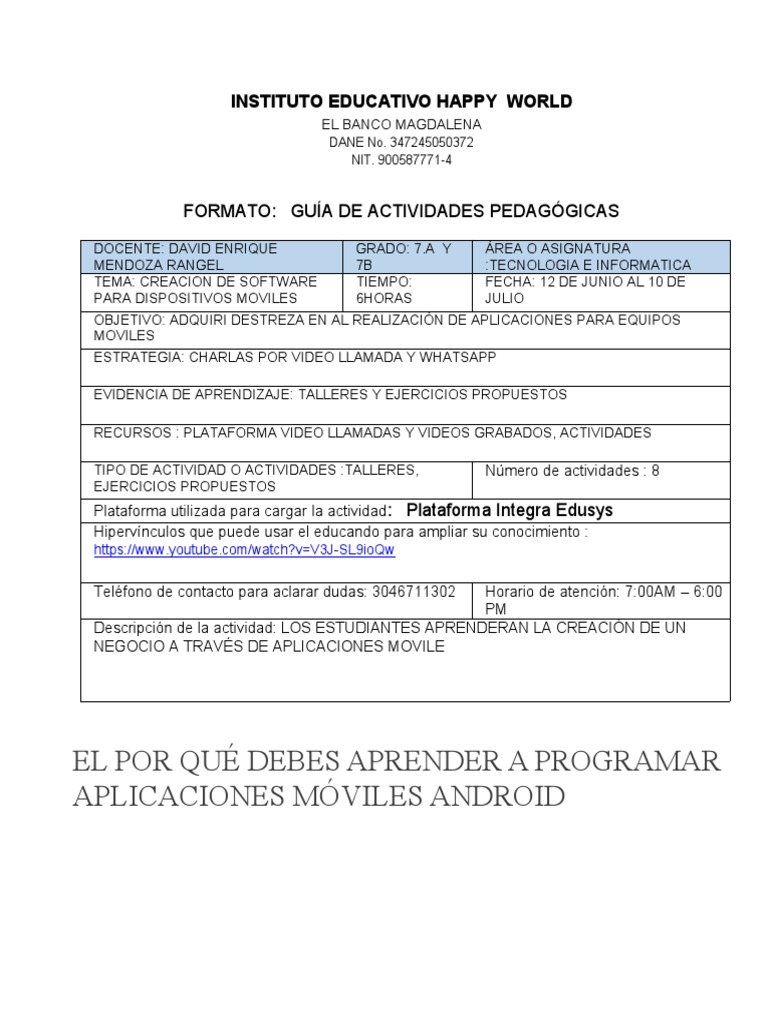 Formato Guia Actividades Pedagogicas Happy World Grado 7a y 7B ...