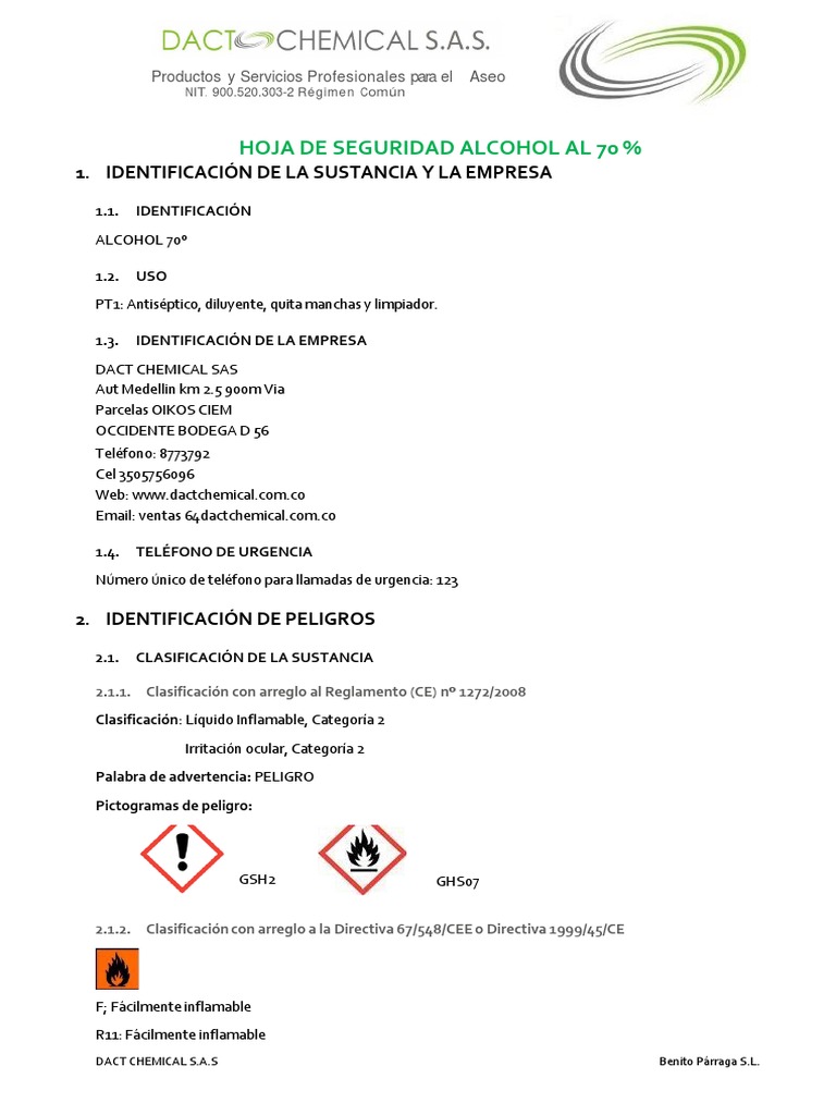 Hoja de Seguridad Alcohol 70 Dact Chemical PDF | PDF | Residuos | Cloro