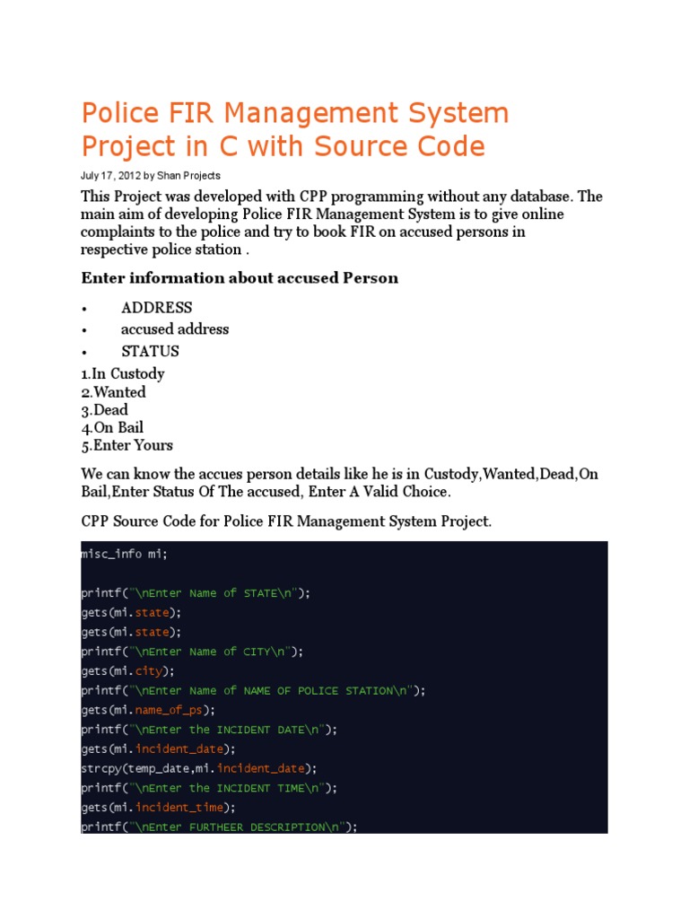Police FIR Management System Project in C With Source Code | PDF ...