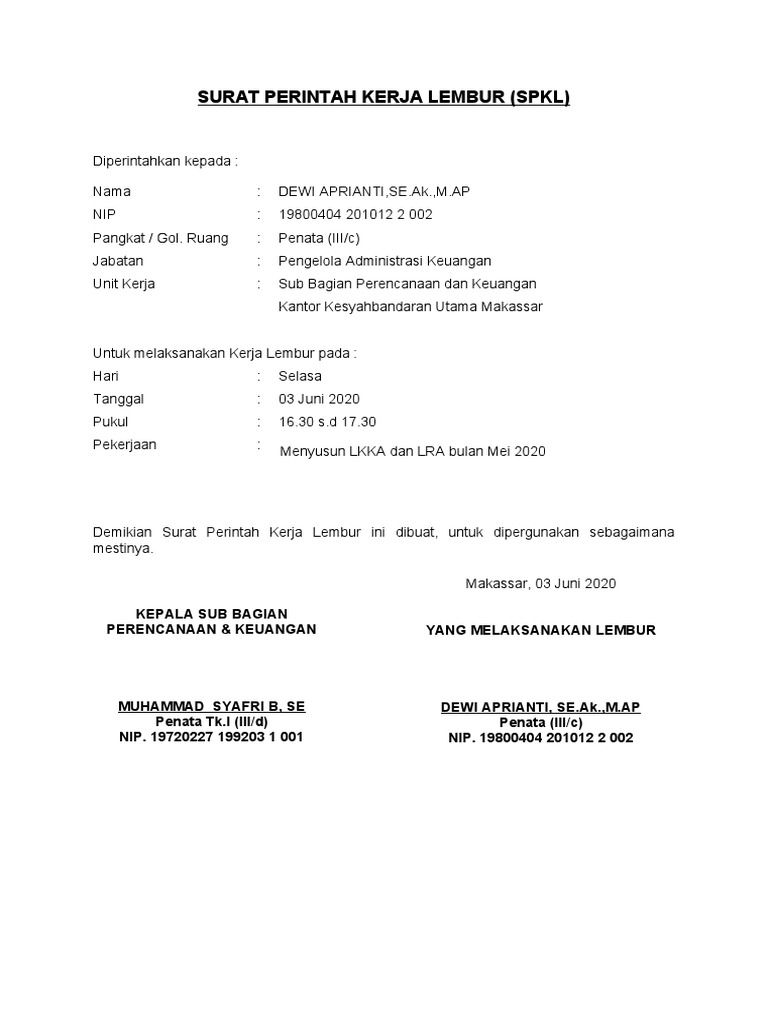 Surat Perintah Kerja Lembur | PDF