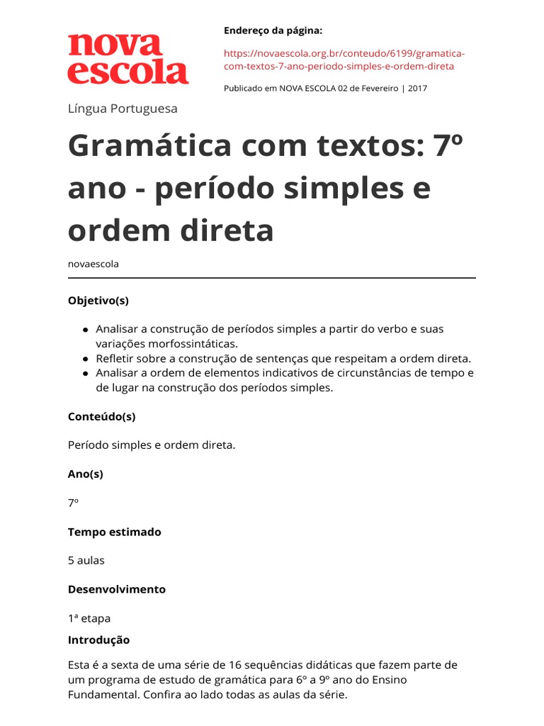Gramatica Com Textos 7 Ano Periodo Simples e Ordem Diretapdf | PDF ...
