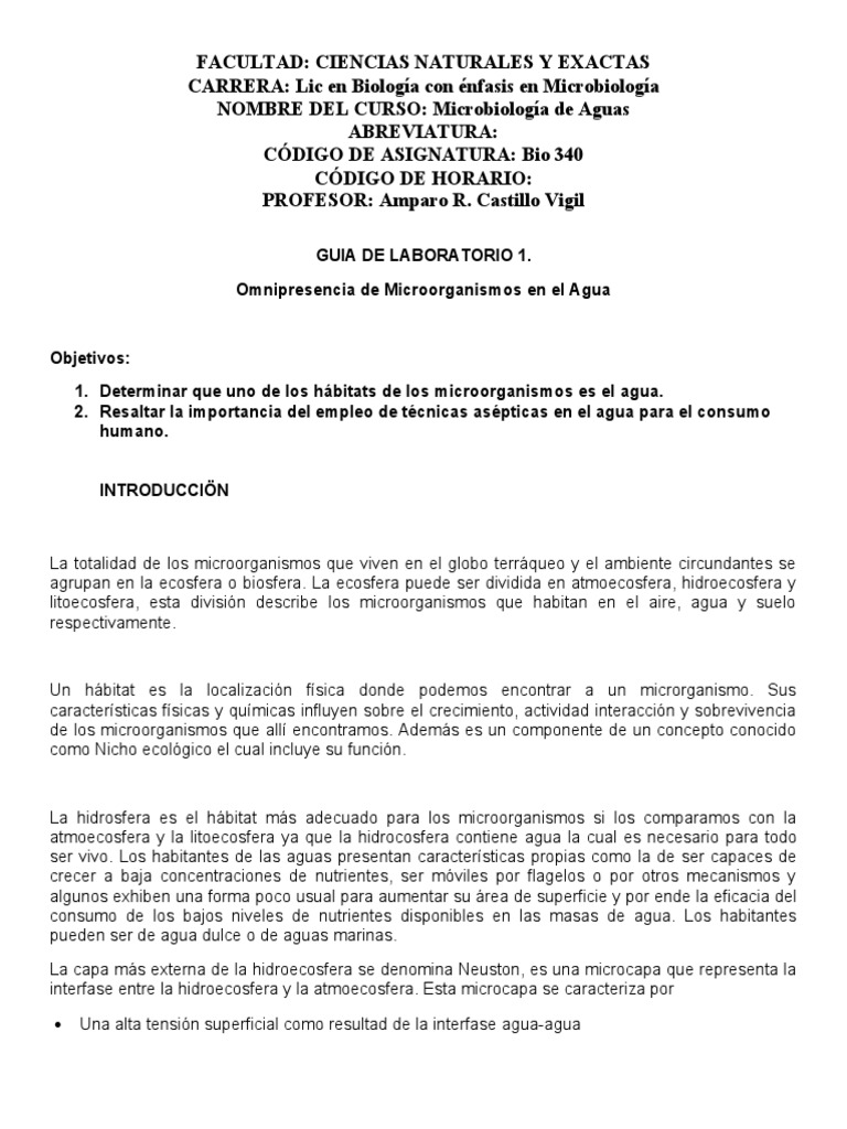 Guia 1. Omnipresencia de Microorganismos en Agua | PDF | La ...