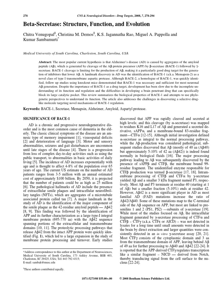 Beta-Secretase: Structure, Function, and Evolution | PDF | Active Site ...