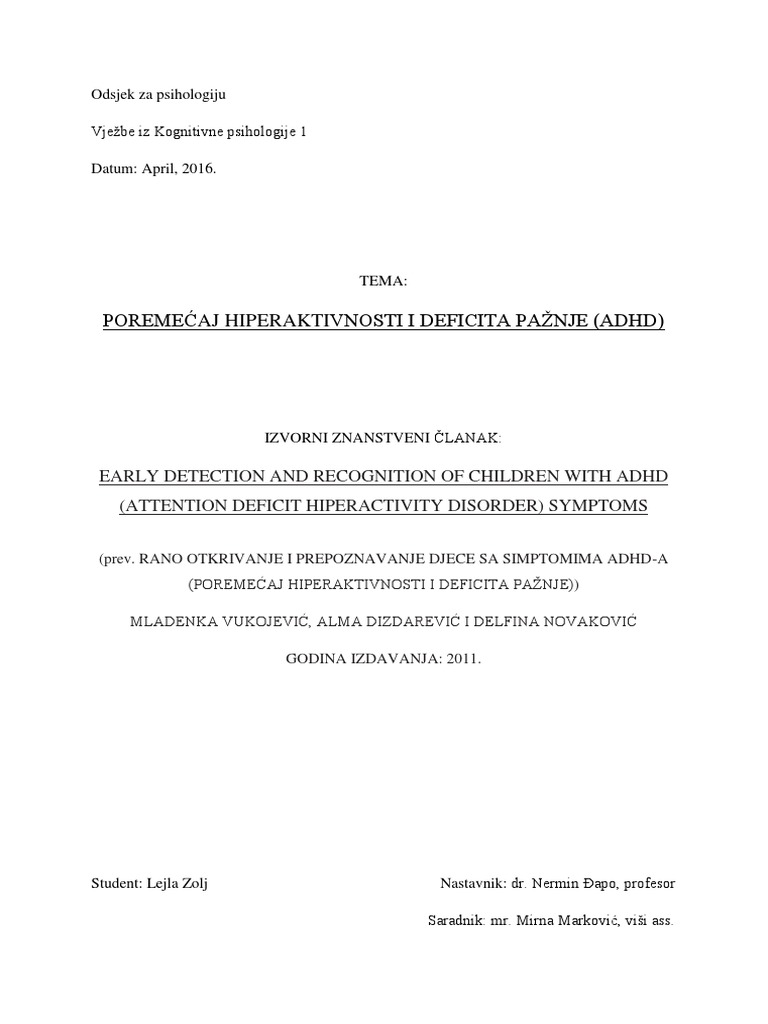 Tema - Poremecaj Hiperaktivnosti I Deficita Paznje (ADHD) | PDF