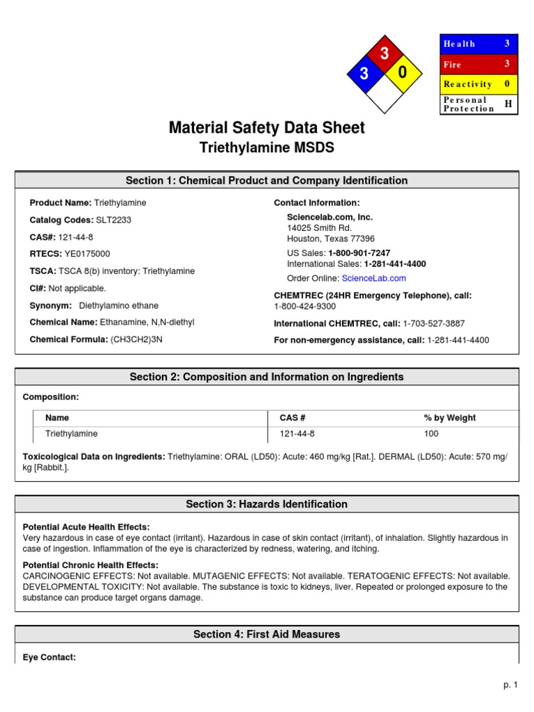 Triethylamine MSDS: Section 1: Chemical Product and Company ...