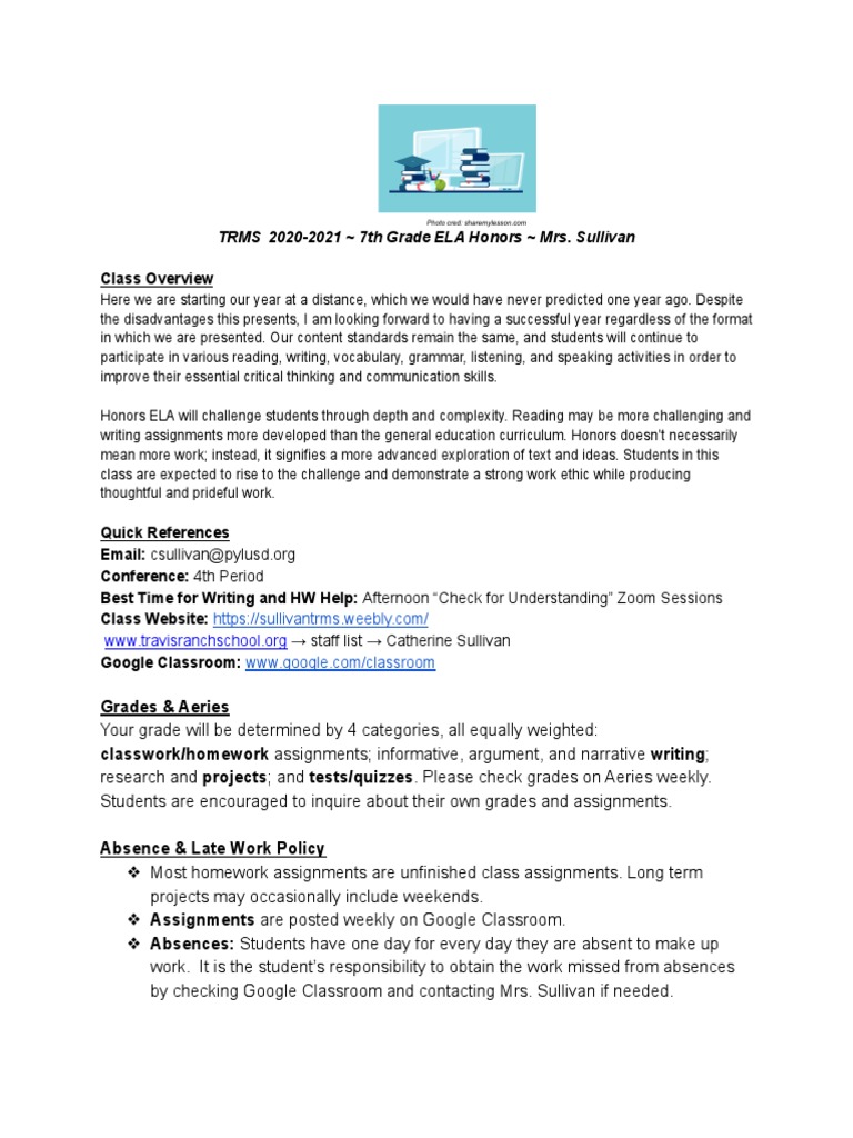 7th Grade Honors ELA Overview | PDF | Academic Dishonesty | Classroom