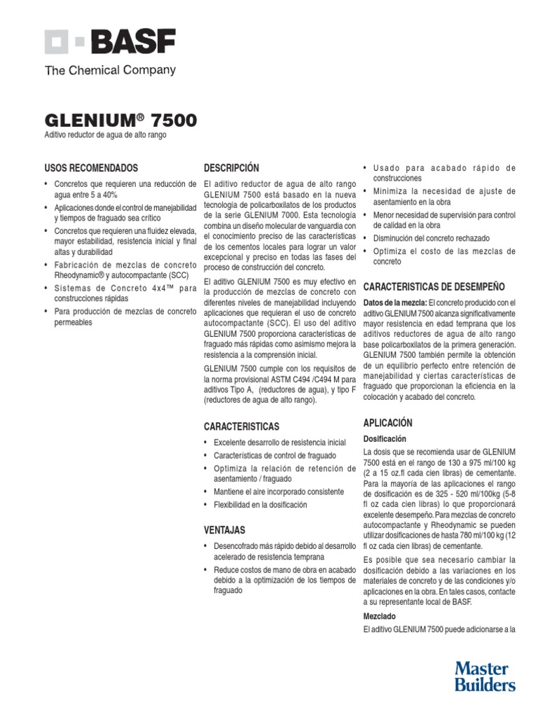Basf Masterglenium 7500 | PDF | Hormigón | Química