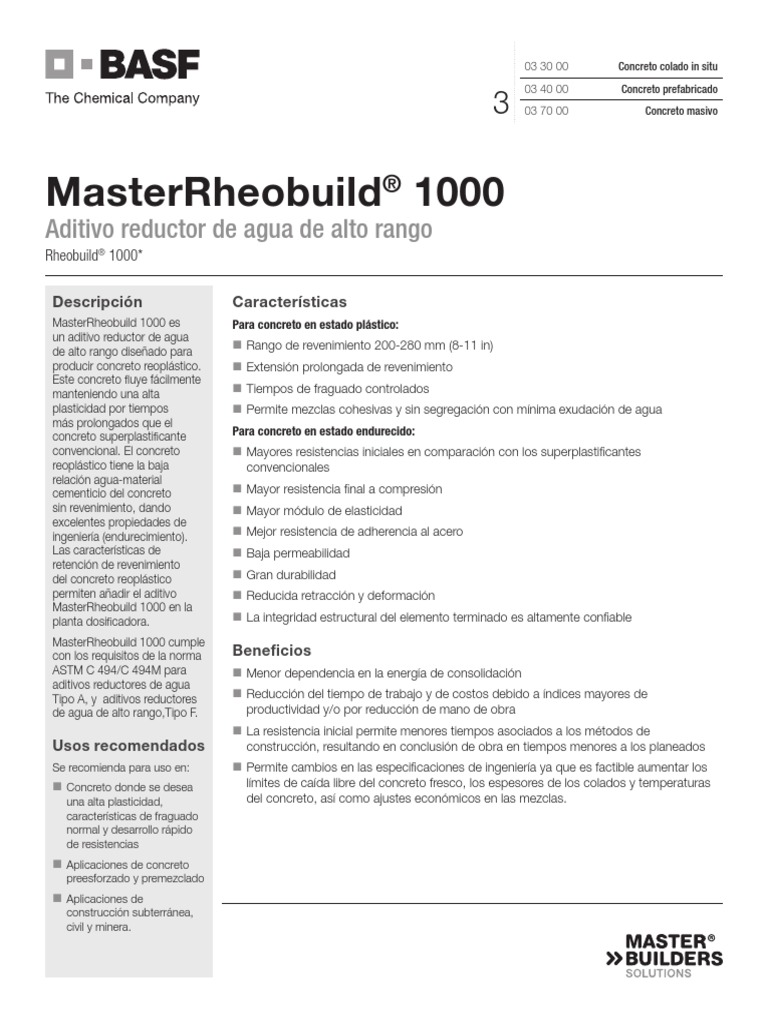 Basf Masterrheobuild 1000 | PDF | Hormigón | Química