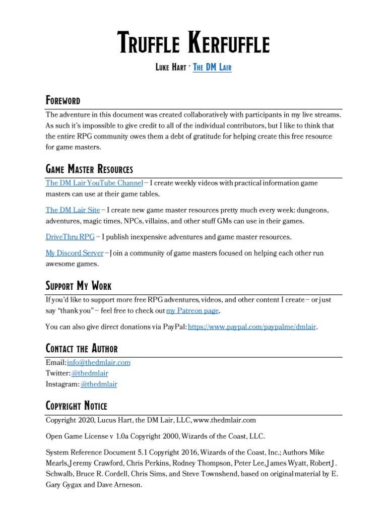 Truffle Kerfuffle Level 1 DND 5e Adventure | PDF | Mystery, Thriller ...