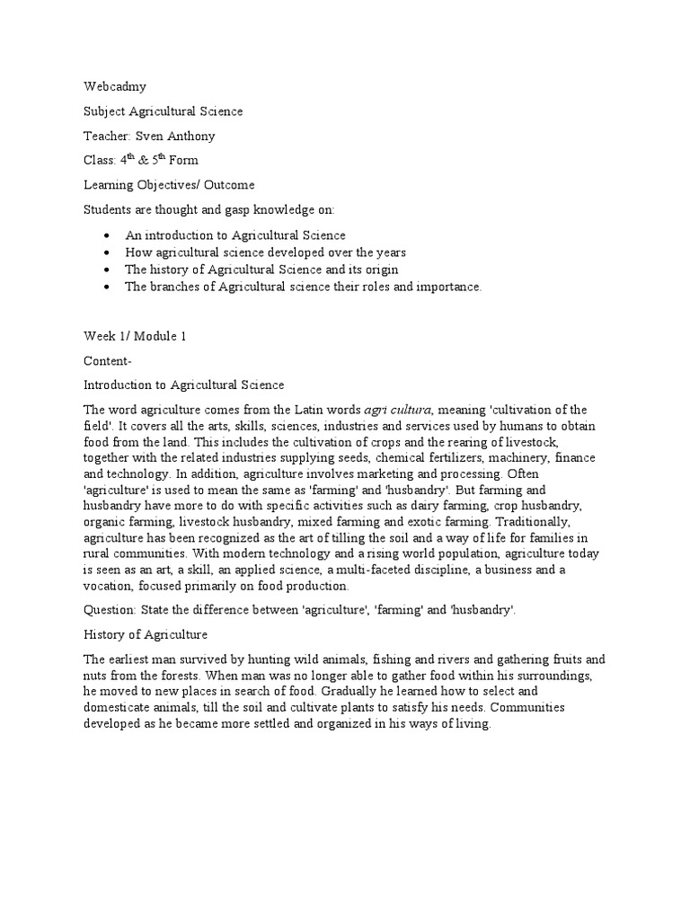 Agri Science Lesson 1 Notes | PDF | Farms | Livestock