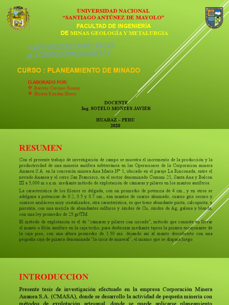Plan de Minado Subterraneo Aplicado en La Corporacion Minera Ananea S.A ...