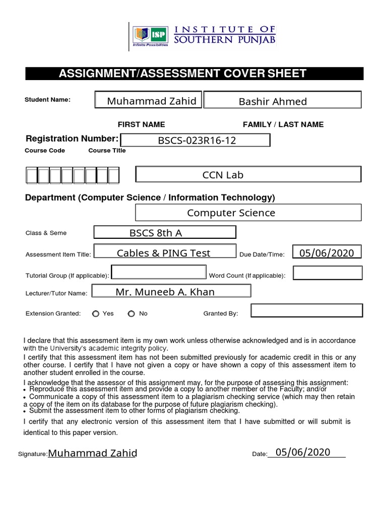 Assignment/Assessment Cover Sheet | PDF | Coaxial Cable | Optical Fiber