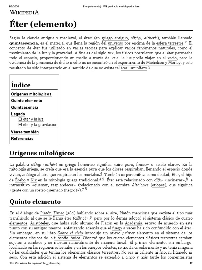 Éter (Elemento) - Wikipedia, La Enciclopedia Libre | PDF | Física ...