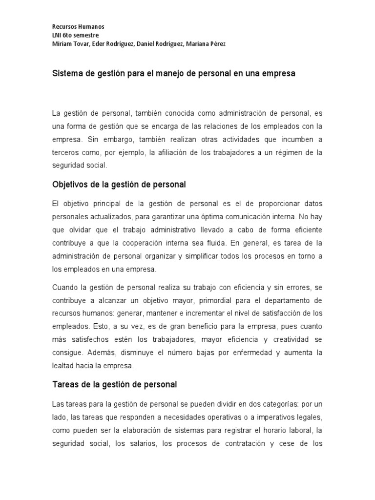 Sistema de gestión para el manejo de personal en una empresa | PDF ...