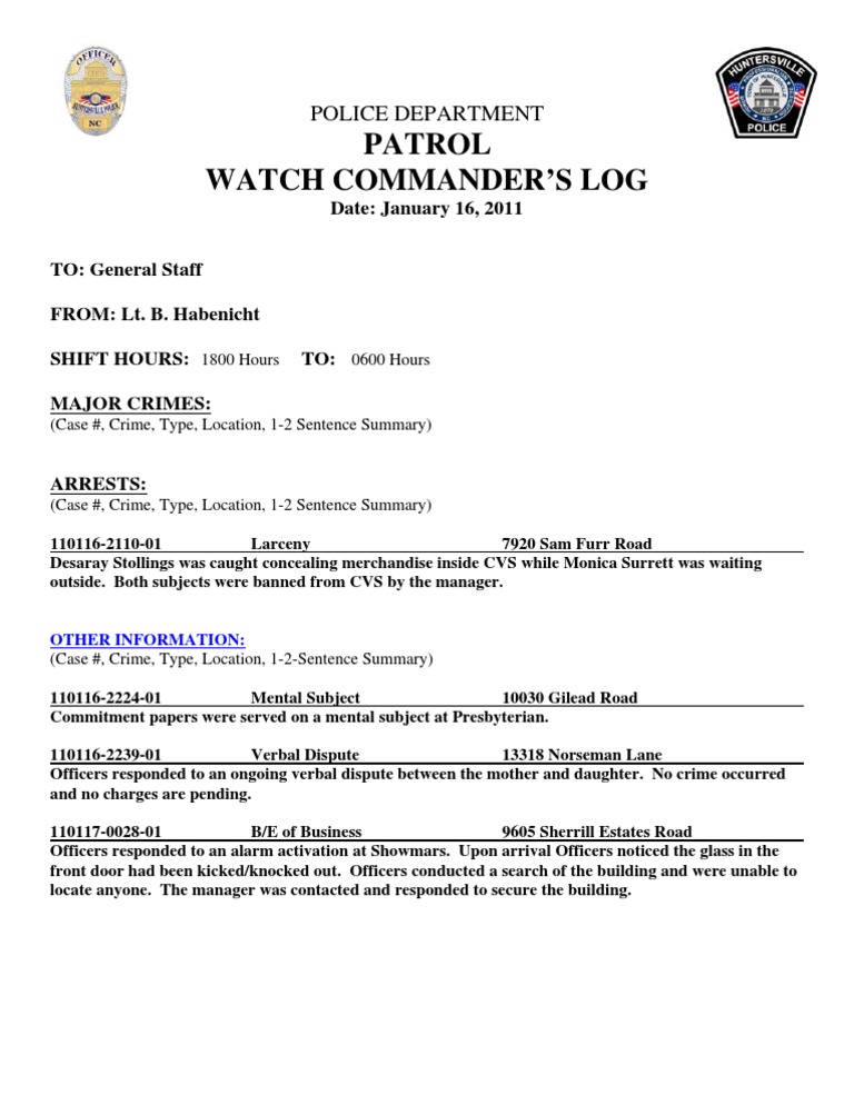 Patrol Watch Commander’s Log: Jan 2011 | PDF