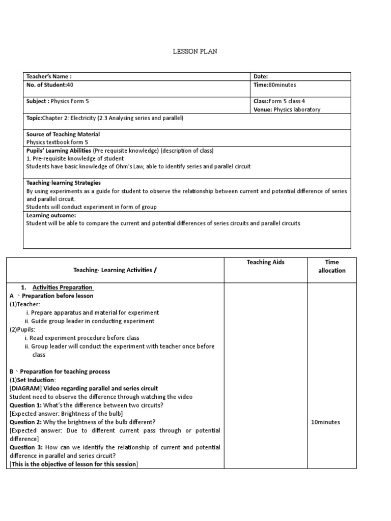 2.3 Parallel and Series Circuit (Lesson Plan) | PDF | Series And ...