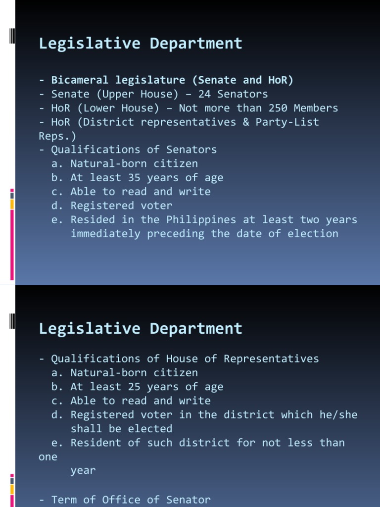 Legislative Department: - Bicameral Legislature (Senate and Hor) | PDF ...