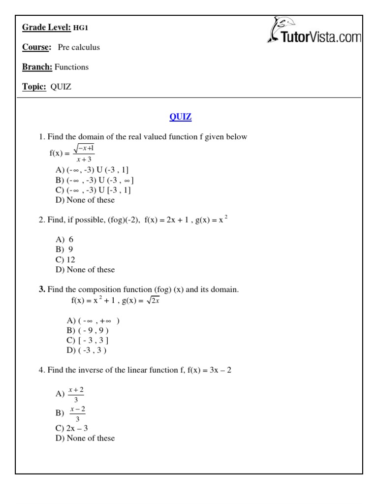Pre-Calculus Functions Quiz | PDF | Function (Mathematics ...