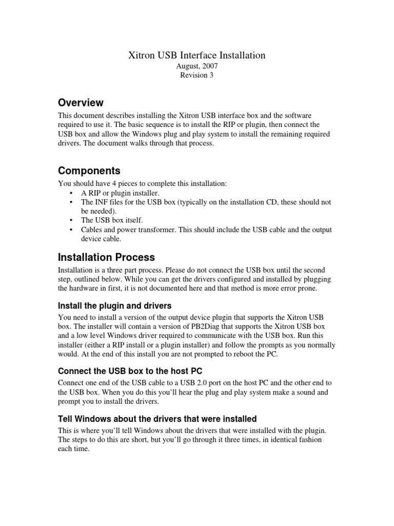 Xitron USB Interface Driver Setup Guide | PDF | Usb | Installation (Computer Programs)