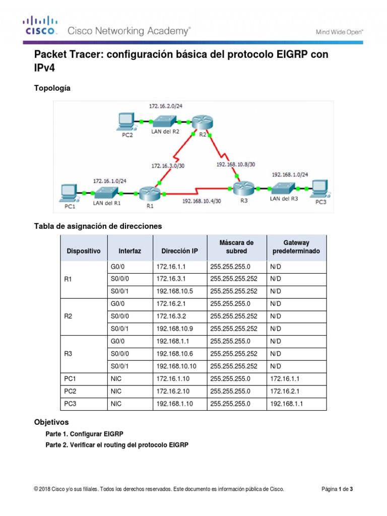 Packet Tracer - Configuring Basic EIGRP With IPv4 Instructionstarea | PDF | Enrutador ...