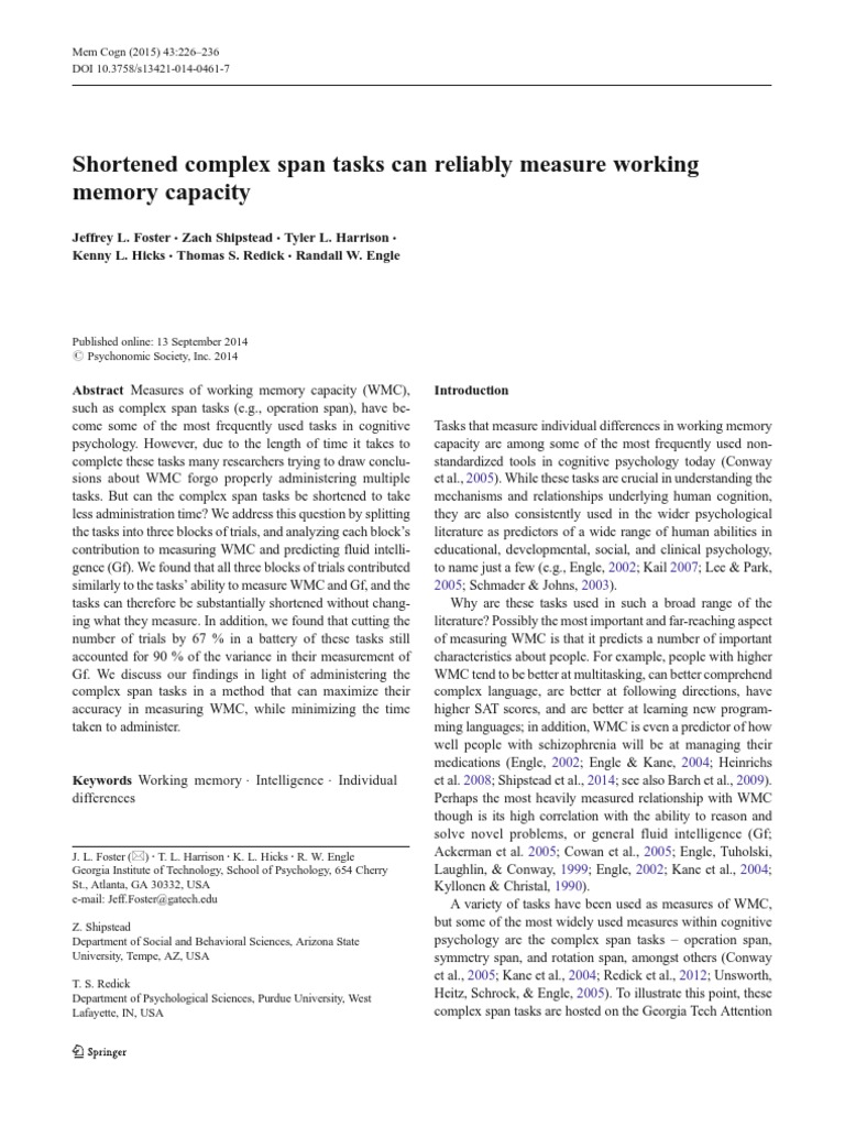 Shortened Complex Span Tasks Can Reliably Measure Working Memory ...