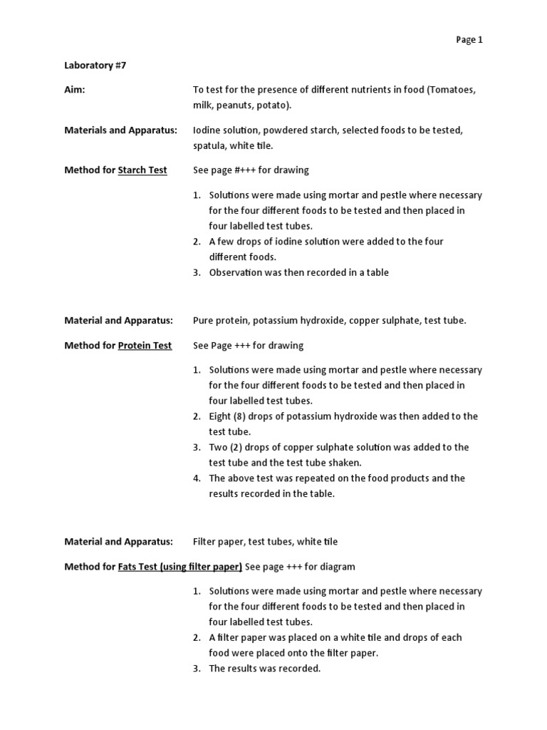 Lab # 7 Food-Nutrient Test | PDF | Chemical Elements | Materials