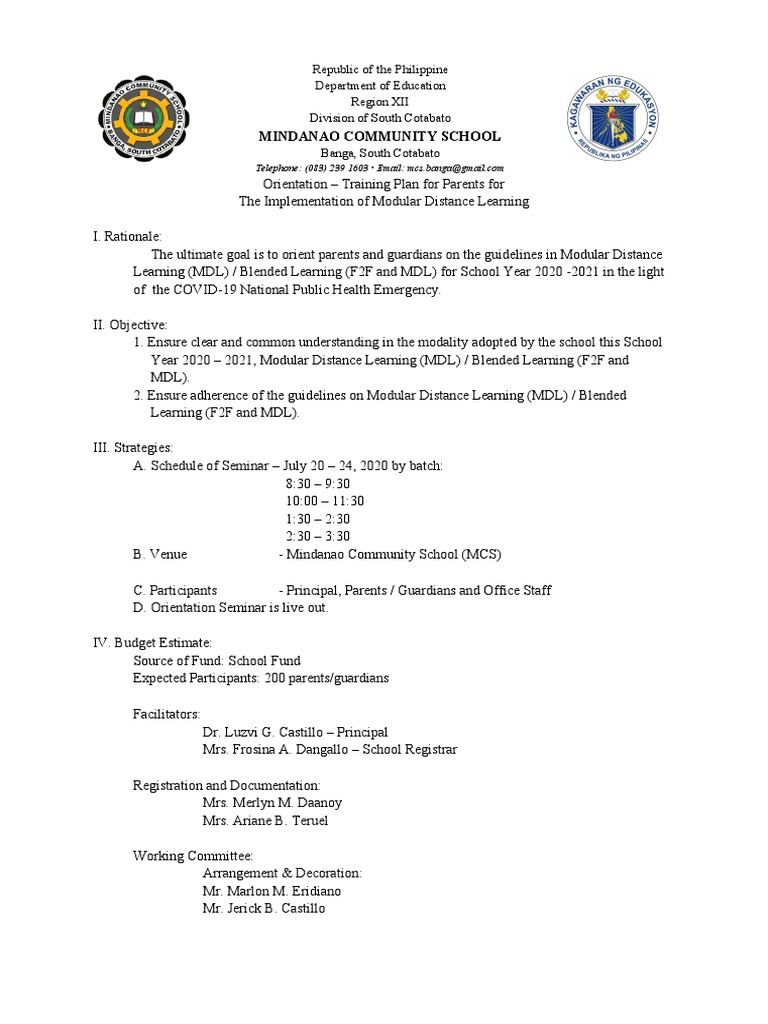 Orientation - Training Plan of Parents For The Implementation of Modular Distance Learning | PDF ...